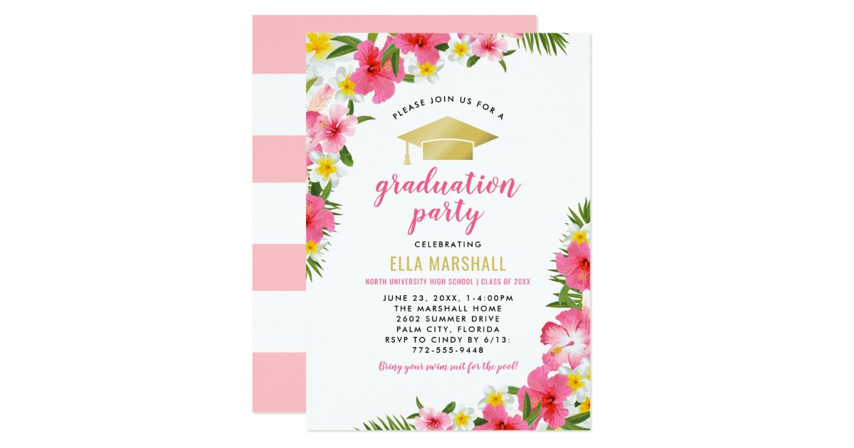 Tropical Pink Gold Hibiscus Flowers Graduation Invitation | Zazzle.com