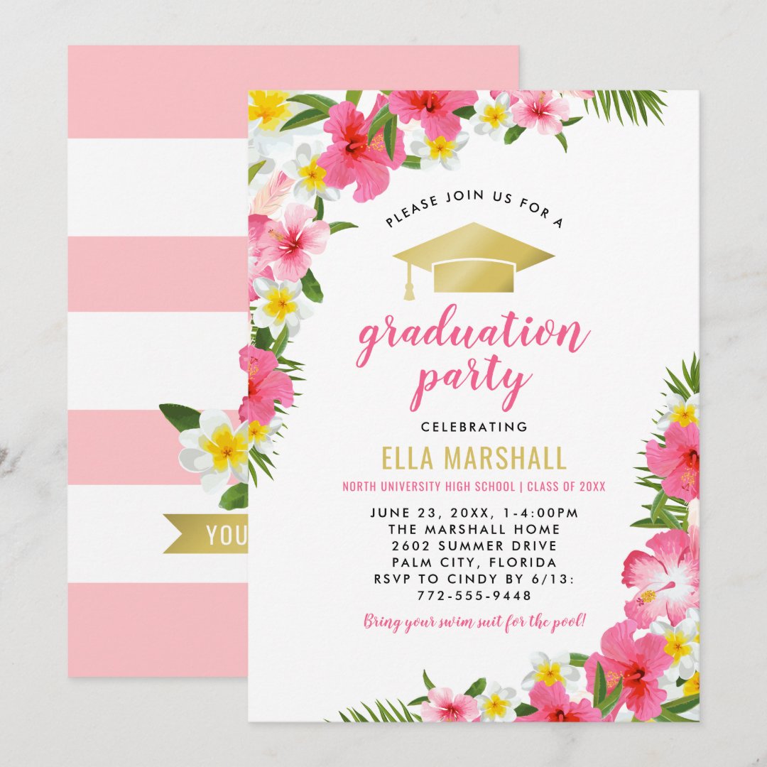 Tropical Pink Gold Hibiscus Flowers Graduation Invitation | Zazzle