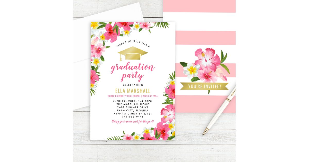 Tropical Pink Gold Hibiscus Flowers Graduation Invitation | Zazzle