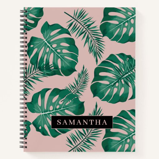 Tropical Pink & Green Palm Leaves Pattern & Name Notebook | Zazzle
