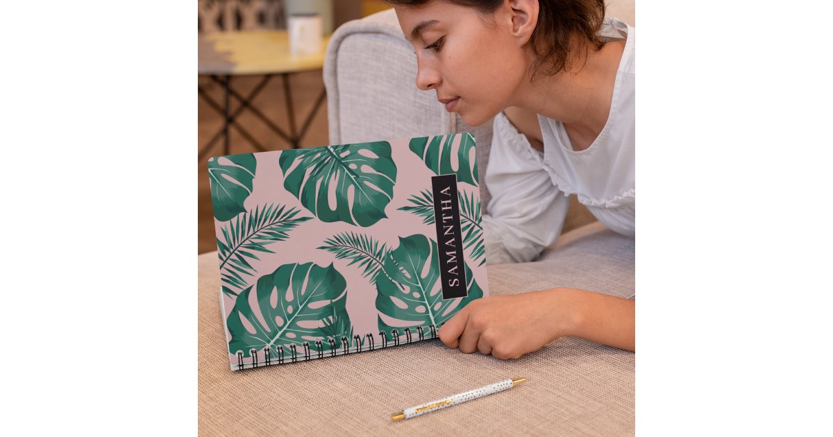 Tropical Pink & Green Palm Leaves Pattern & Name Notebook | Zazzle