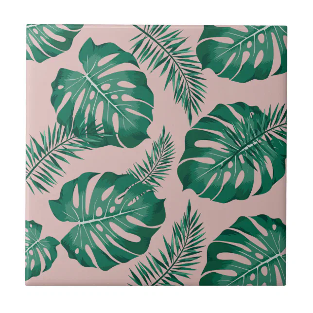 Tropical Pink & Green Palm Leaves Seamless Pattern Ceramic Tile | Zazzle