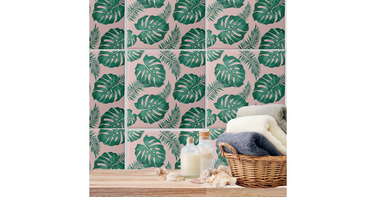 Tropical Pink & Green Palm Leaves Seamless Pattern Ceramic Tile | Zazzle