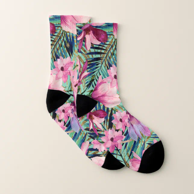 Tropical pink navy blue aqua gold modern floral socks | Zazzle