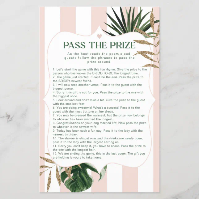 Tropical pink pass the prize bridal shower game | Zazzle