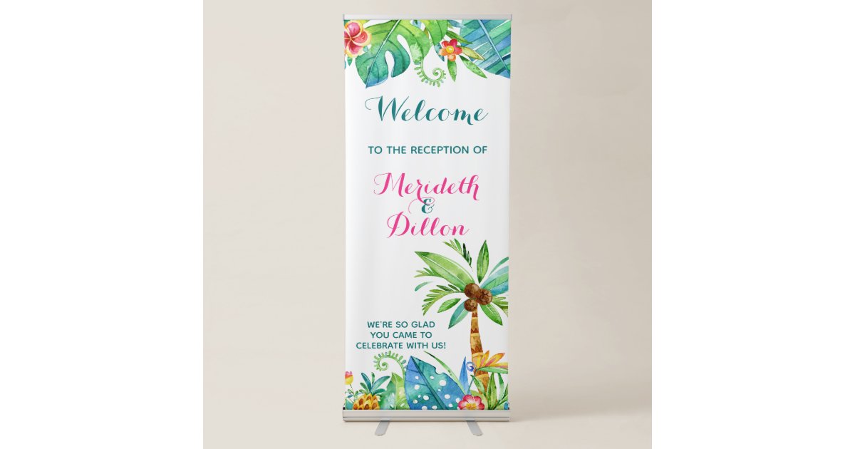 Tropical Pink Teal Floral Custom Event Welcome Retractable Banner | Zazzle