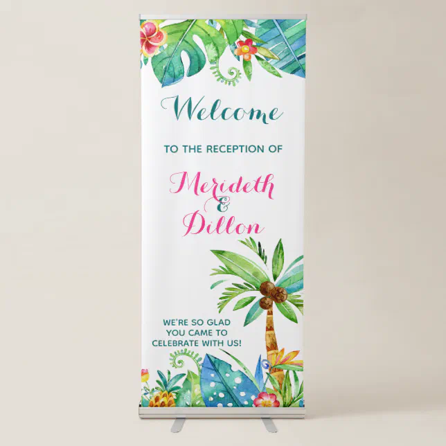 Tropical Pink Teal Floral Custom Event Welcome Retractable Banner | Zazzle
