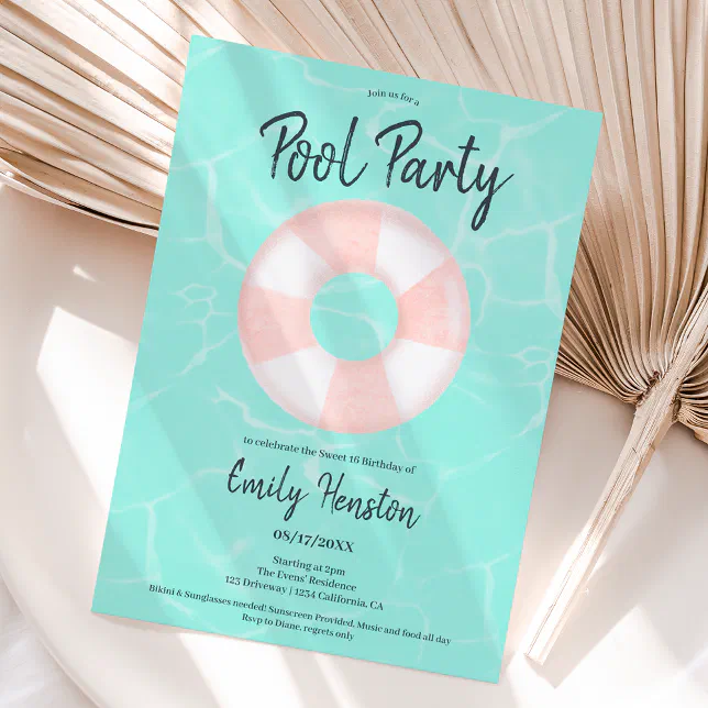 Tropical pool party pink floater Sweet 16 Invitation | Zazzle
