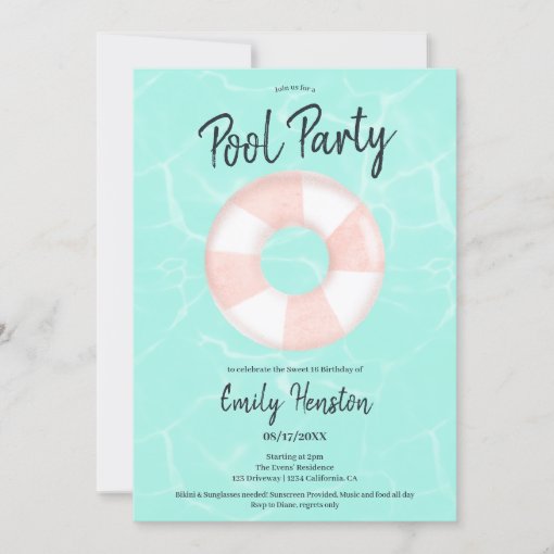 Tropical pool party pink floater Sweet 16 Invitation | Zazzle