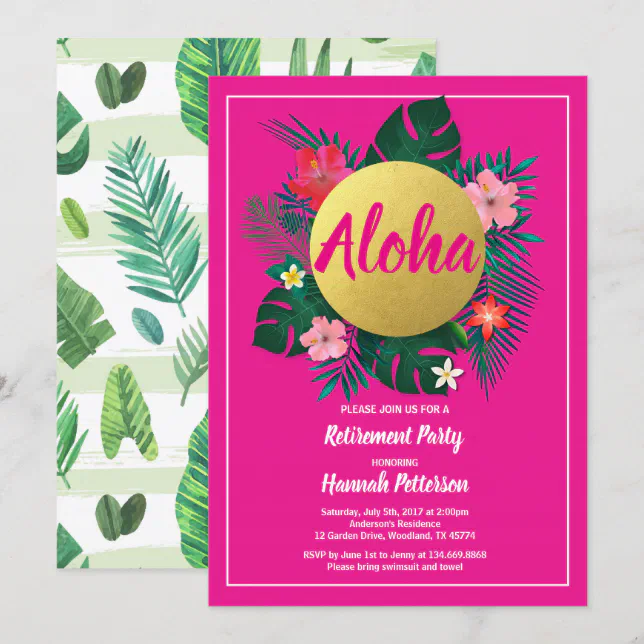 Tropical retirement party invitation hot pink gold | Zazzle