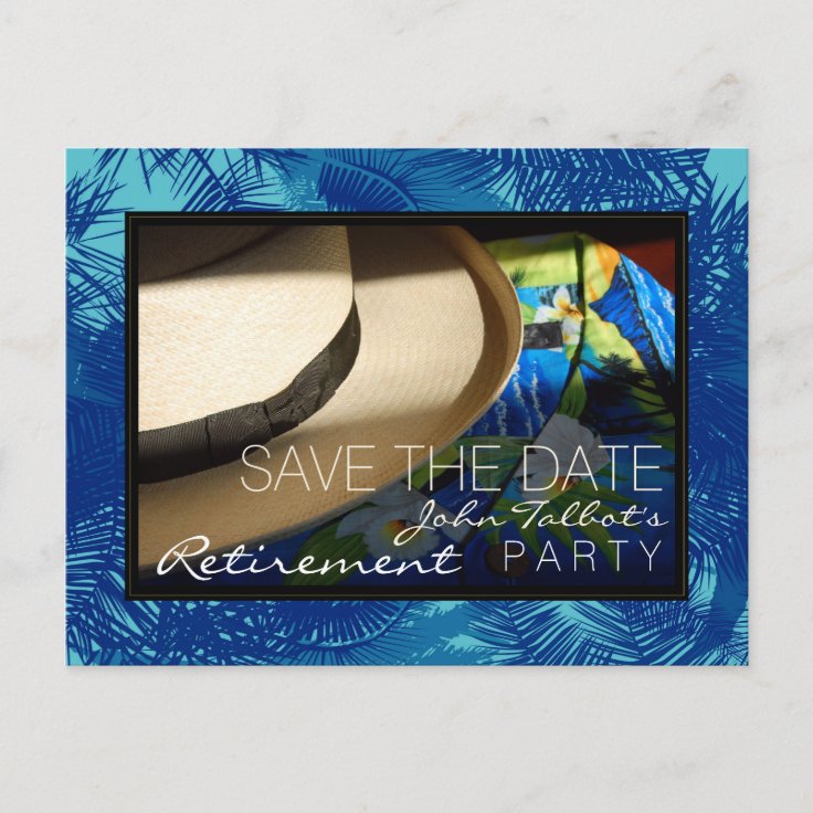 Tropical Retirement with Blue Palms Save the Date Announcement Postcard ...