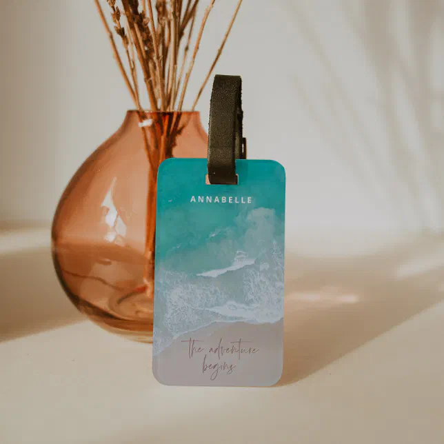 tropical sand beach ocean the adventure begins luggage tag | Zazzle