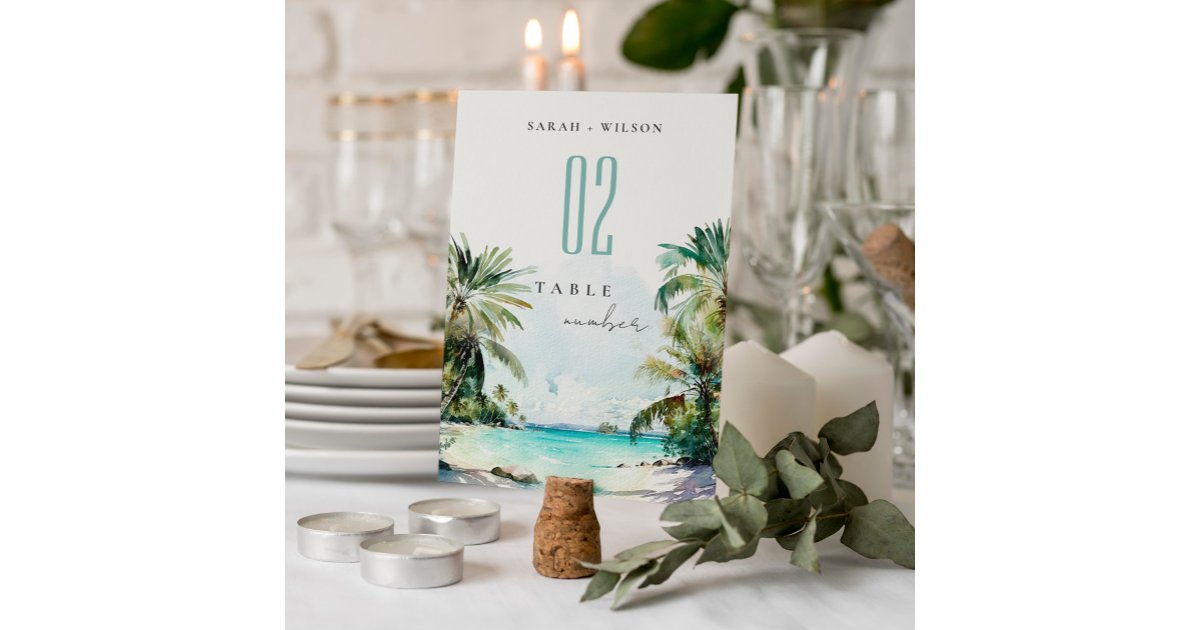 Tropical Sand Beach Watercolor Palm Trees Wedding Table Number | Zazzle