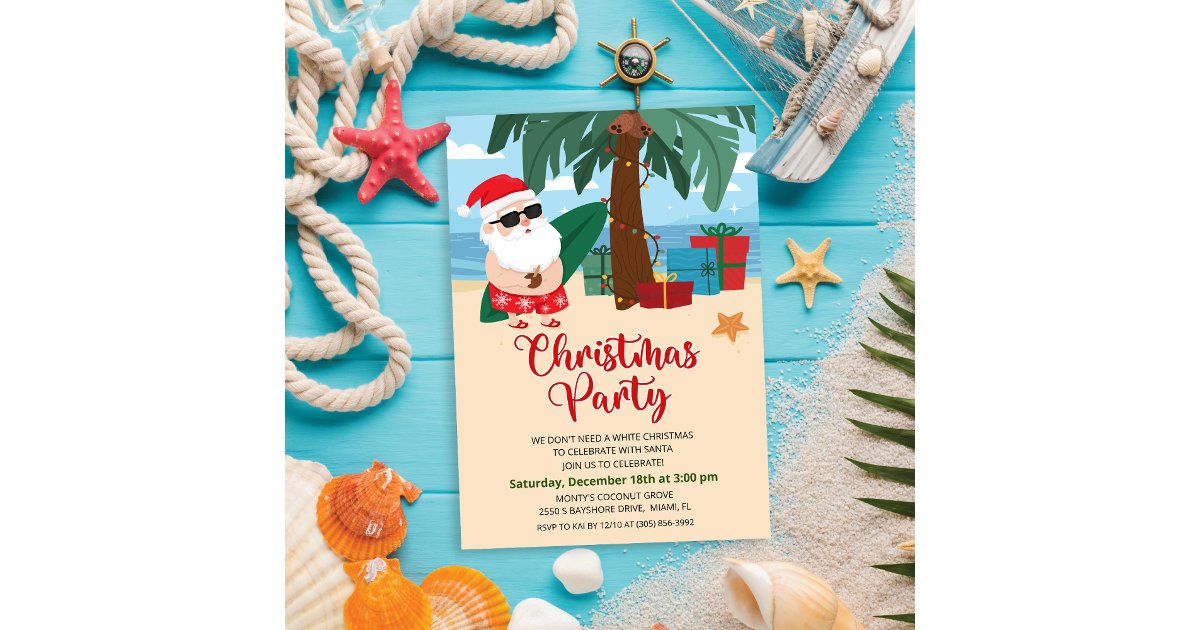 Tropical Santa Christmas Party Invitation | Zazzle
