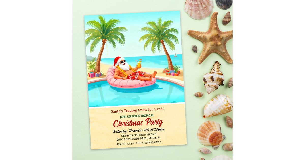 Tropical Santa Christmas Pool Party Invitation | Zazzle