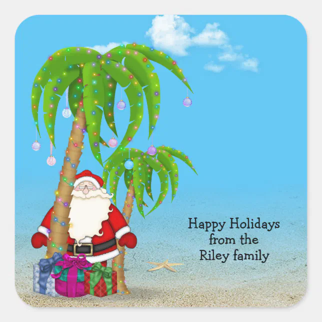 Tropical Santa Claus with palm trees Square Sticker | Zazzle