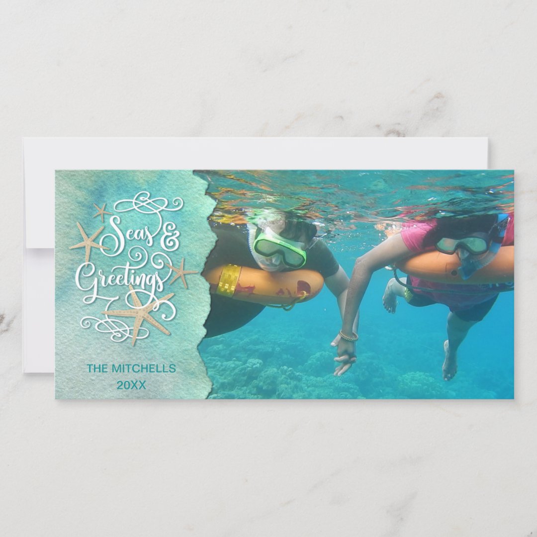 Tropical "SEAson's Greetings" Watercolor Holiday Card | Zazzle