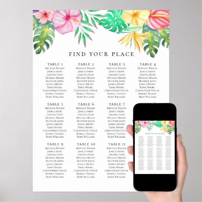 Tropical seating chart. Summer exotic wedding Poster | Zazzle