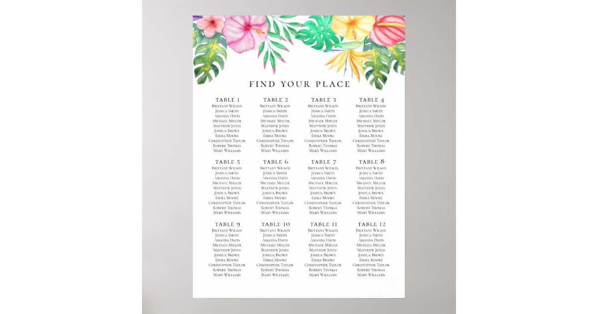 Tropical seating chart. Summer exotic wedding Poster | Zazzle