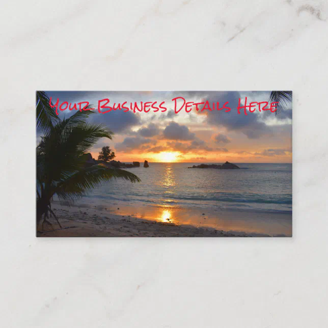 Tropical Seychelles Island Palm Tree Beach Sunset Business Card | Zazzle