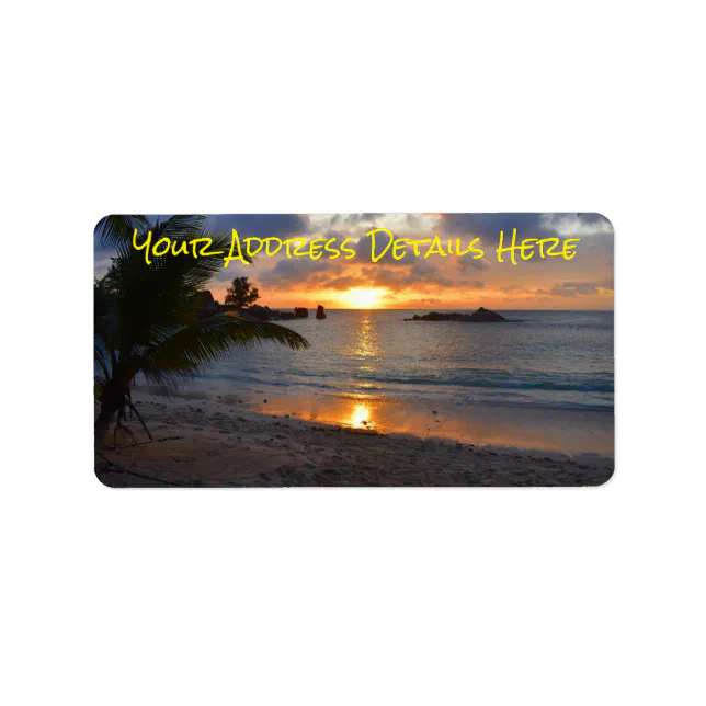 Tropical Seychelles Island Palm Tree Beach Sunset Label | Zazzle