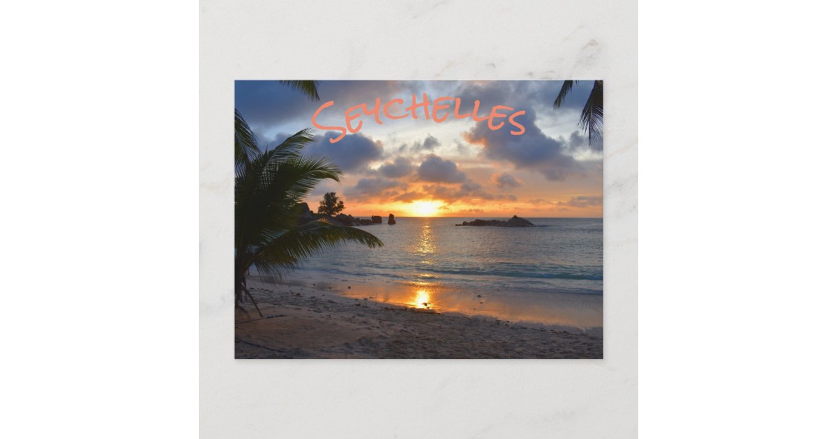 Tropical Seychelles Island Palm Tree Beach Sunset Postcard | Zazzle