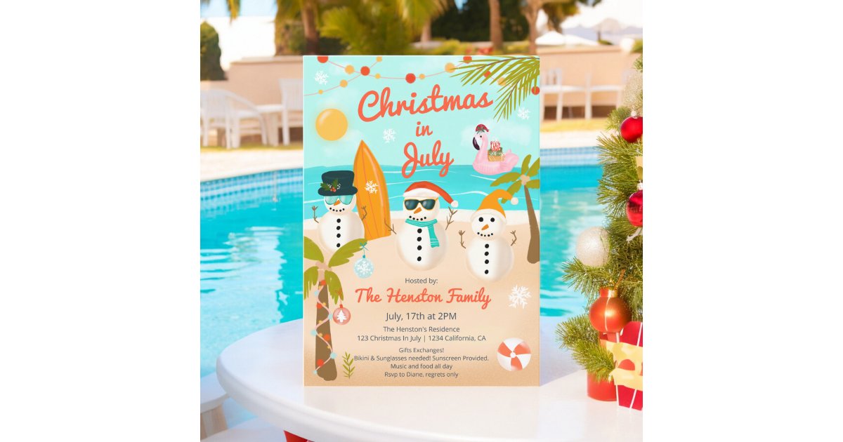Tropical Snowmen floater Palm Christmas in July Invitation | Zazzle