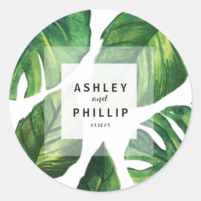 Tropical Sticker, palm tree, Beach Wedding Classic Round Sticker | Zazzle