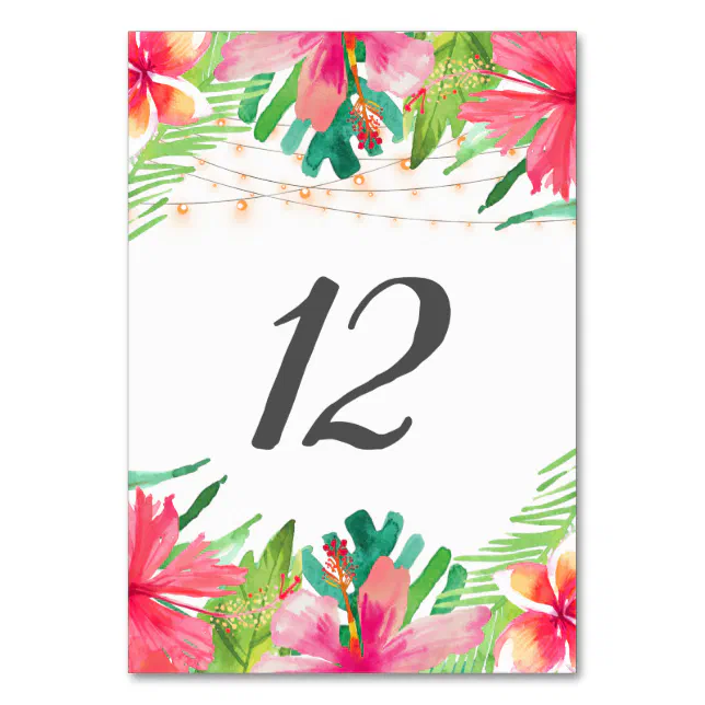 Tropical String Lights Floral Table Number Cards | Zazzle