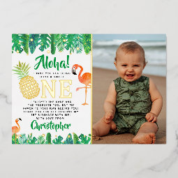 Tropical Summer Beach Luau Boys 1st Birthday Photo Foil Invitation | Zazzle