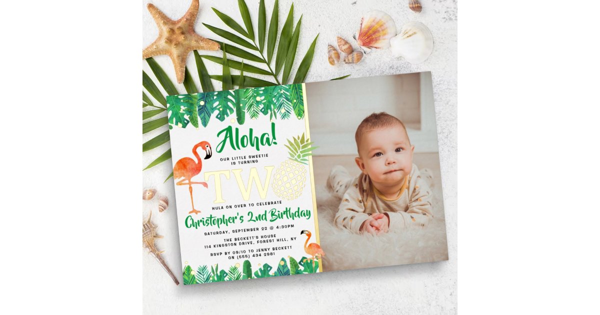 Tropical Summer Beach Luau Boys 2nd Birthday Photo Foil Invitation | Zazzle