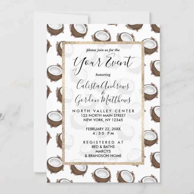 Tropical Summer Brown White Coconut Fruit Pattern Invitation | Zazzle