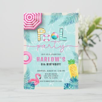 Tropical Summer Fun Girl's Pool Party Birthday Invitation | Zazzle
