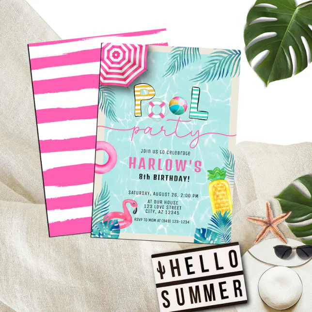 Tropical Summer Fun Girl's Pool Party Birthday Invitation | Zazzle
