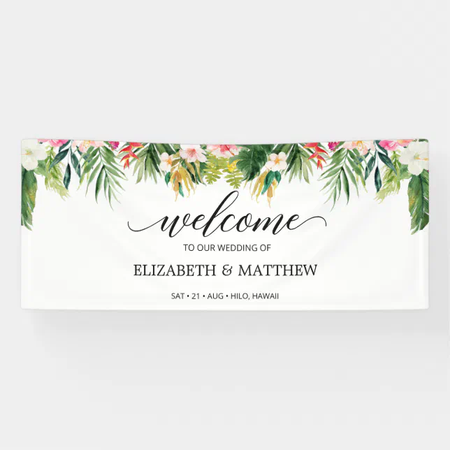 Tropical Summer Leaves Script Wedding Welcome Banner | Zazzle