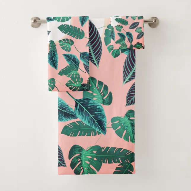 Tropical Summer Pink Green Leaves Sunset Pattern Bath Towel Set | Zazzle