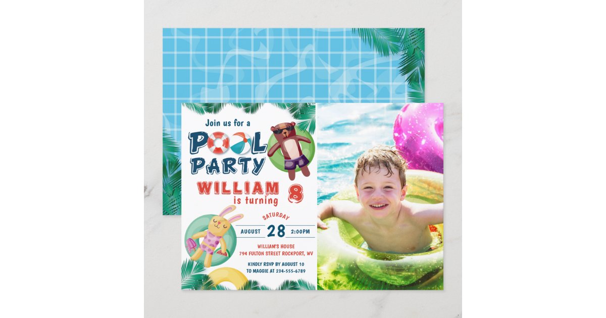 Tropical Summer Pool Party Birthday Photo Invitation | Zazzle