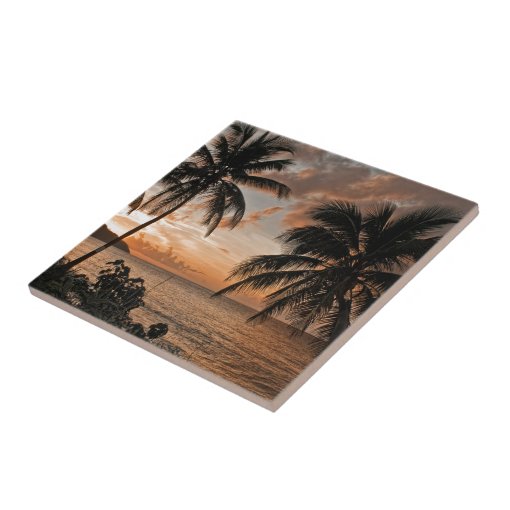 Tropical Sunset Beach Palm Trees Tile | Zazzle