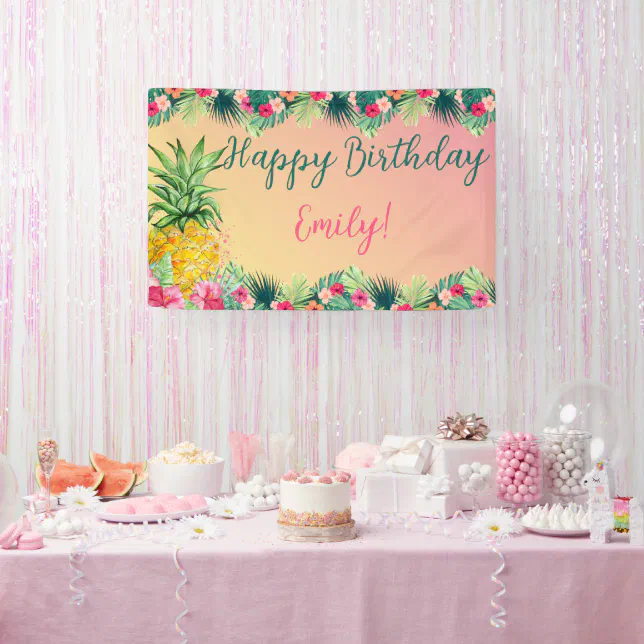 Tropical Sunset Pineapple Girls Happy Birthday Banner | Zazzle