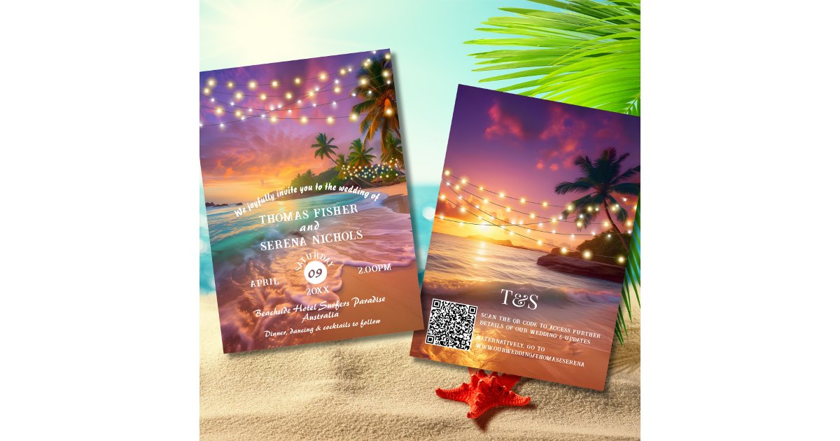 Tropical Sunset QR Code Beach Wedding Invitation | Zazzle