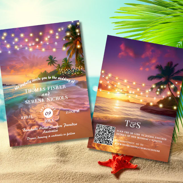 Tropical Sunset QR Code Beach Wedding Invitation | Zazzle