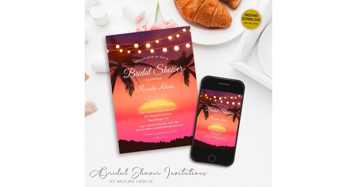 Tropical Sunset String Lights Beach Bridal Shower Invitation | Zazzle