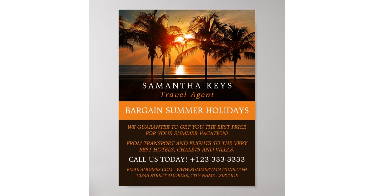 Tropical Sunset Vacation, Travel Agent Advertising Poster | Zazzle