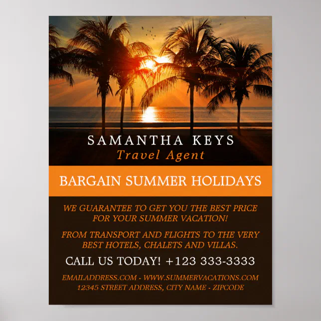 Tropical Sunset Vacation, Travel Agent Advertising Poster | Zazzle