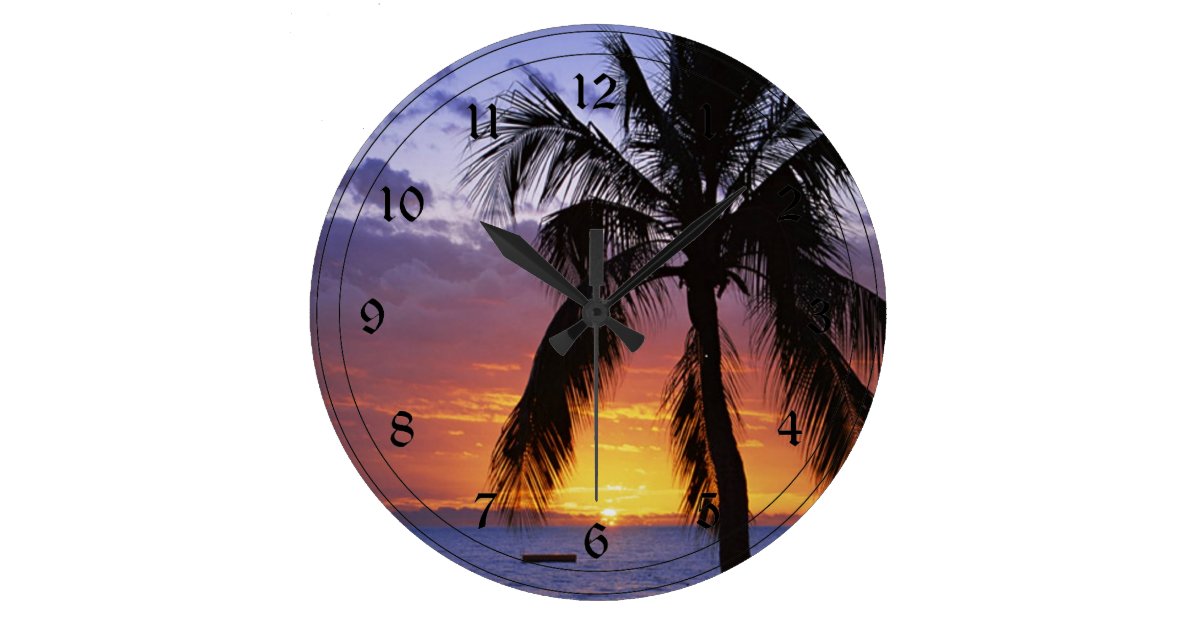 Tropical Sunset with Palm Tree Large Clock | Zazzle