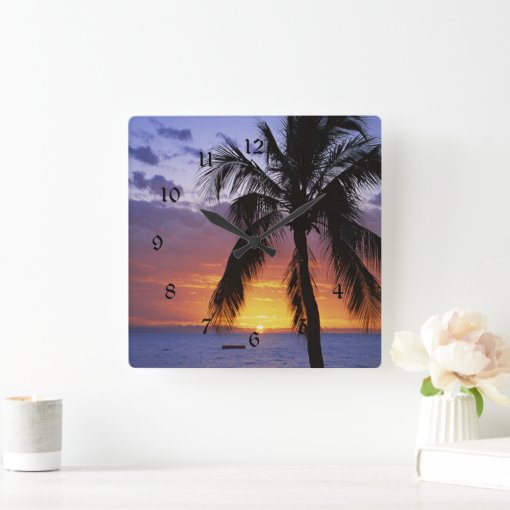 Tropical Sunset with Palm Tree Square Wall Clock | Zazzle