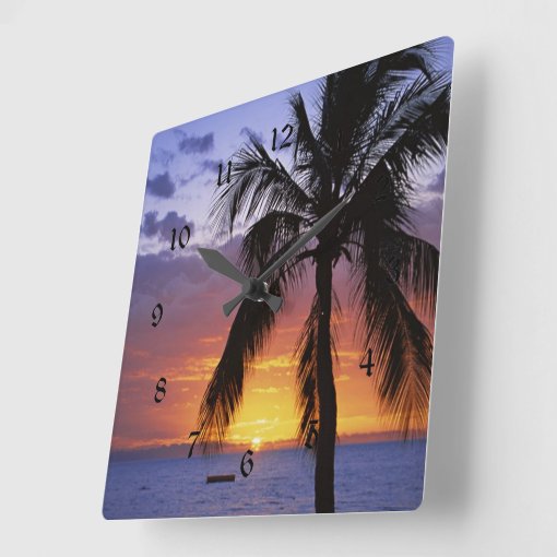 Tropical Sunset with Palm Tree Square Wall Clock | Zazzle