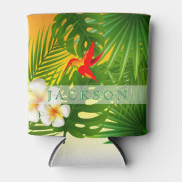 Tropical Sunshine with a Hummingbird Can Cooler | Zazzle