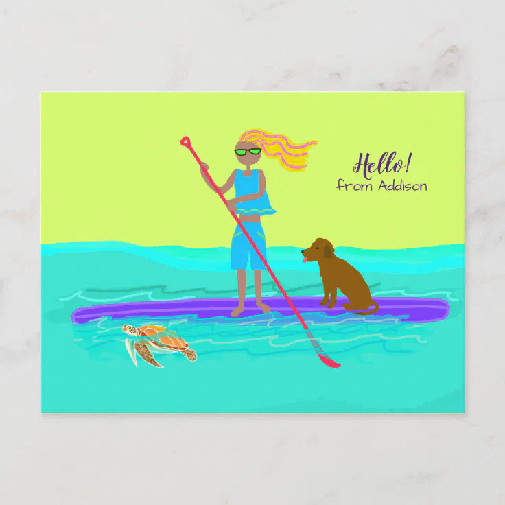 Tropical SUP Girl on Paddleboard Hello Postcard | Zazzle