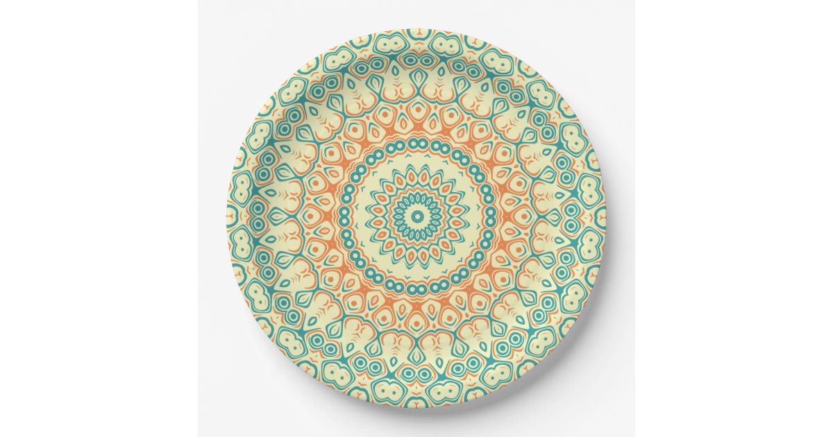 Tropical Teal and Orange Mandala Pattern Paper Plates | Zazzle